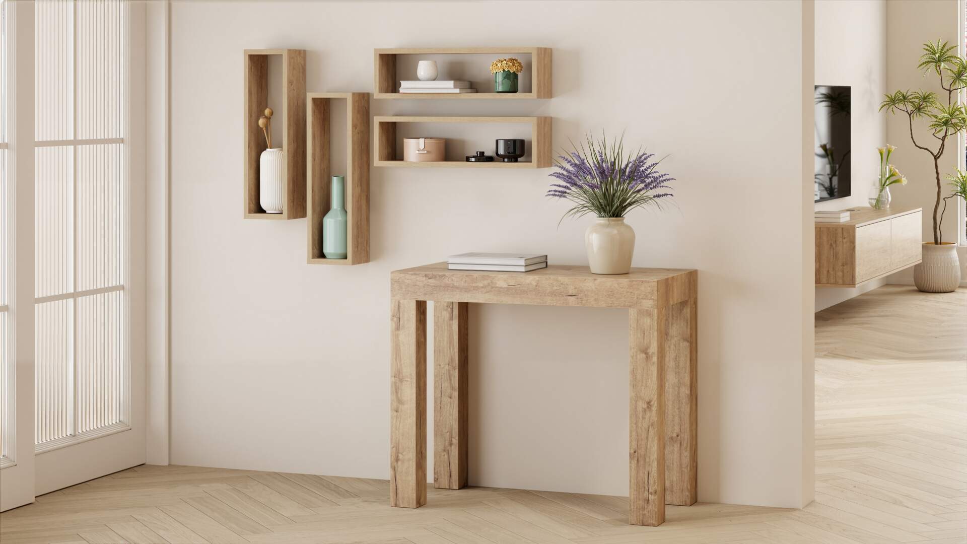 First, Extendable Console Table, 45(305)x90 cm, Oak