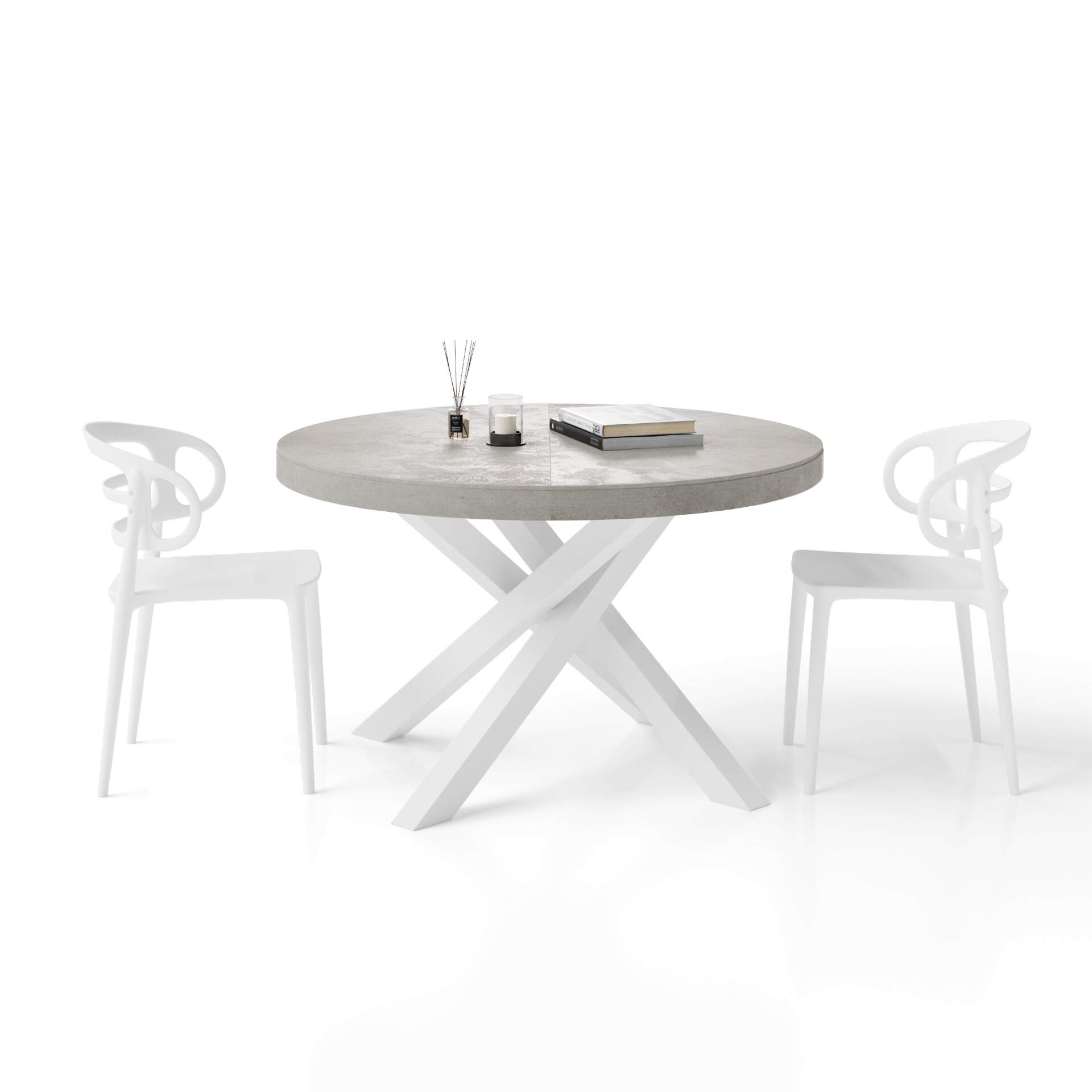 Emma Round Extendable Table, 120-160 cm, Concrete Effect, Grey with ...