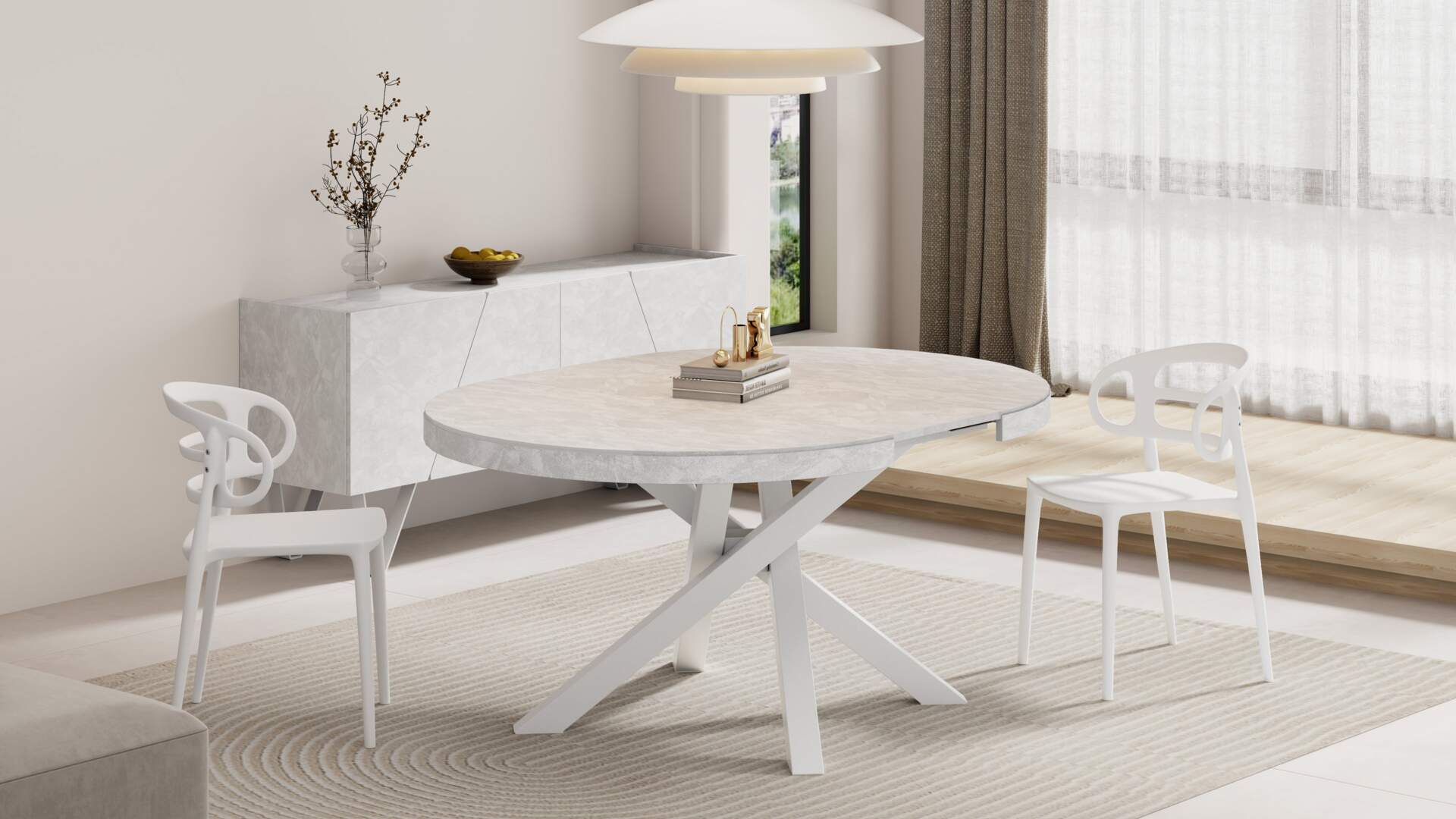 Emma Round Extendable Table, 120-160 cm, Concrete Effect, White with ...