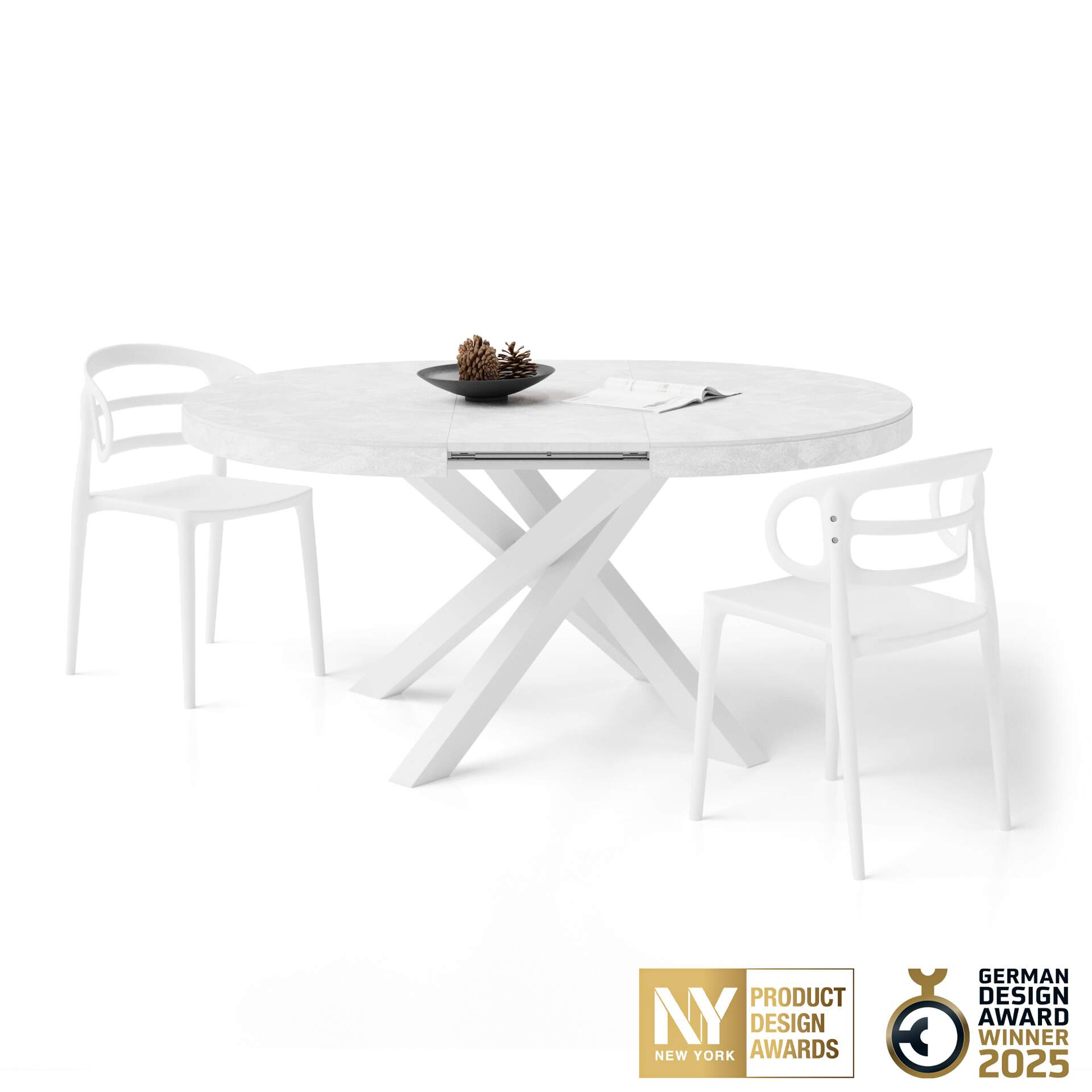 Emma Round Extendable Table, 120-160 cm, Concrete Effect, White with ...