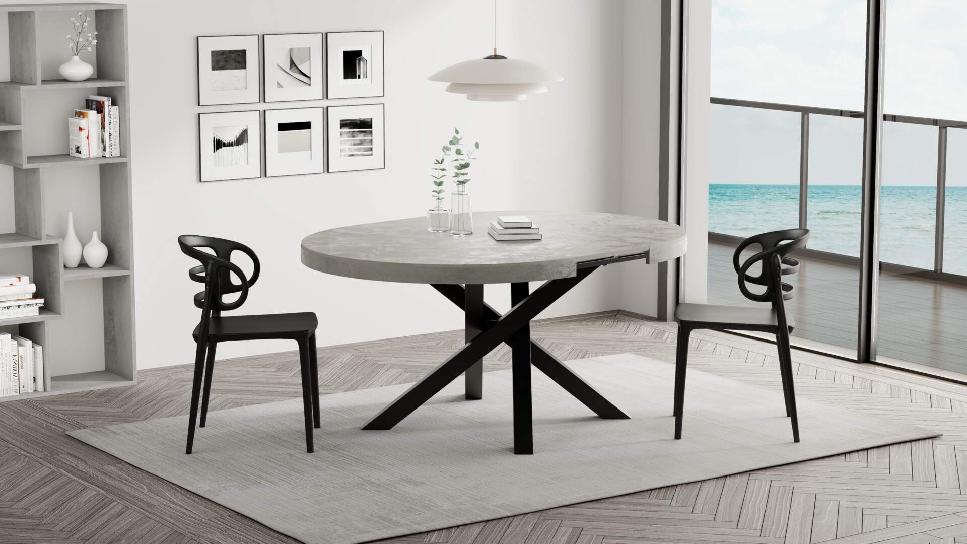 Emma Round Extendable Table, 120-160 cm, Concrete Effect, Grey with ...