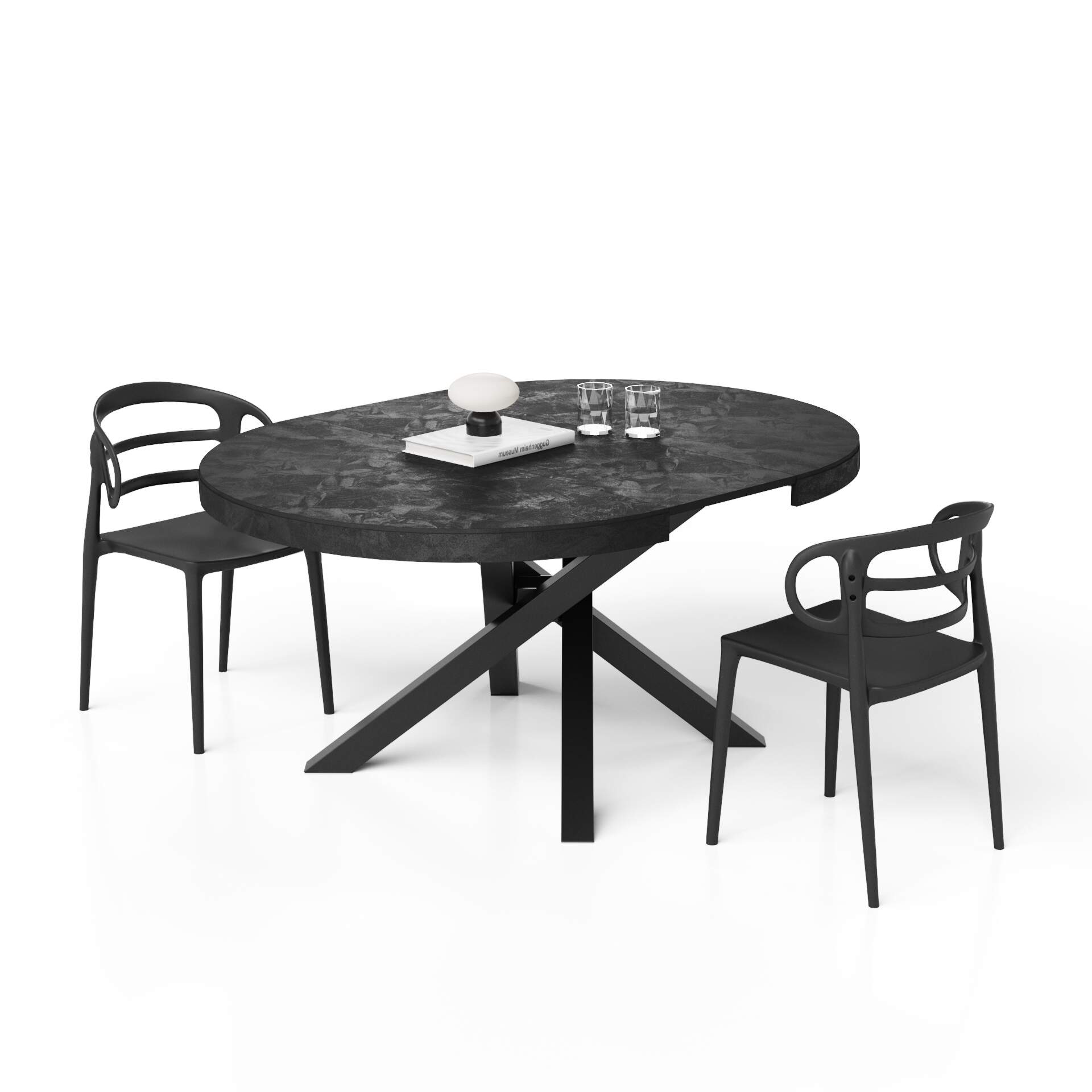 Emma Round Extendable Table, Concrete Effect, Black with Black crossed legs