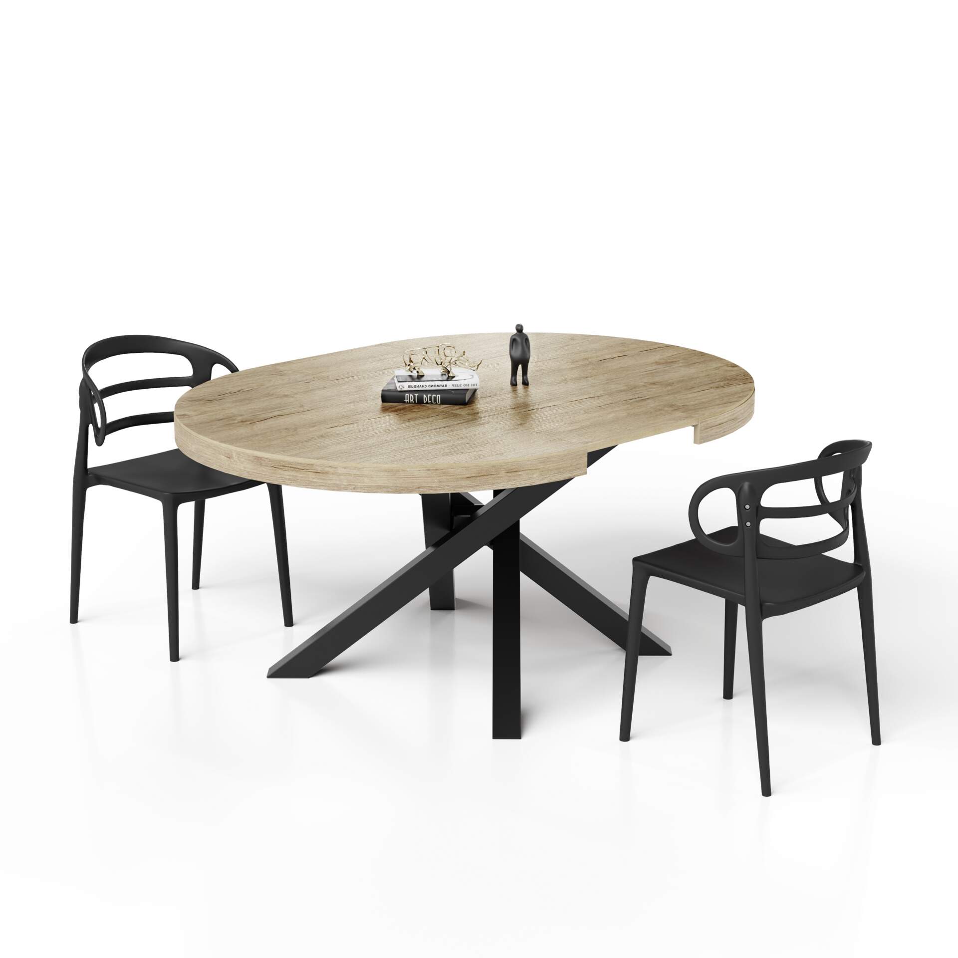 Emma Round Extendable Table, 120-160 cm, Oak with Black crossed legs