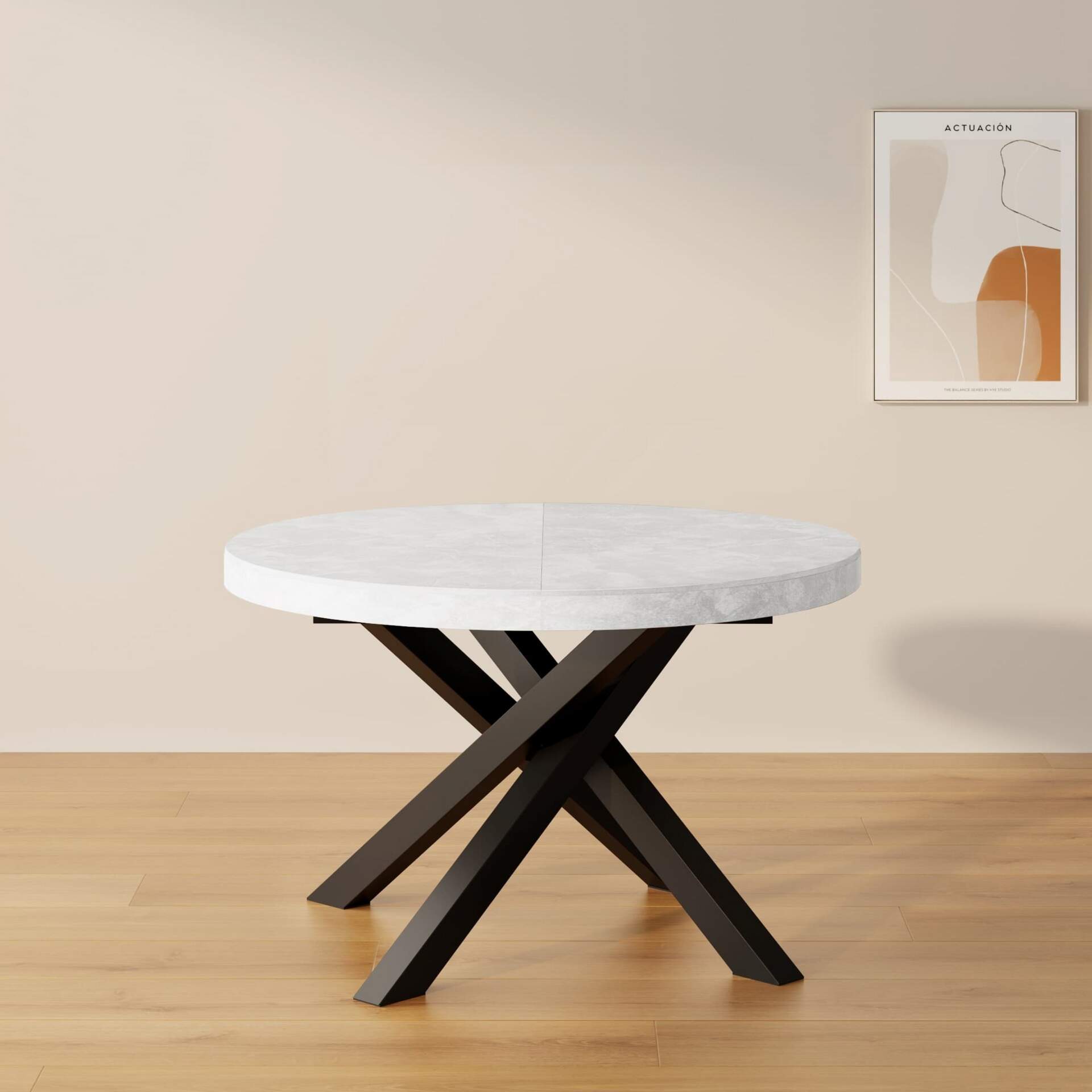 Emma Round Extendable Table, 120-160 cm, Concrete Effect, White with ...