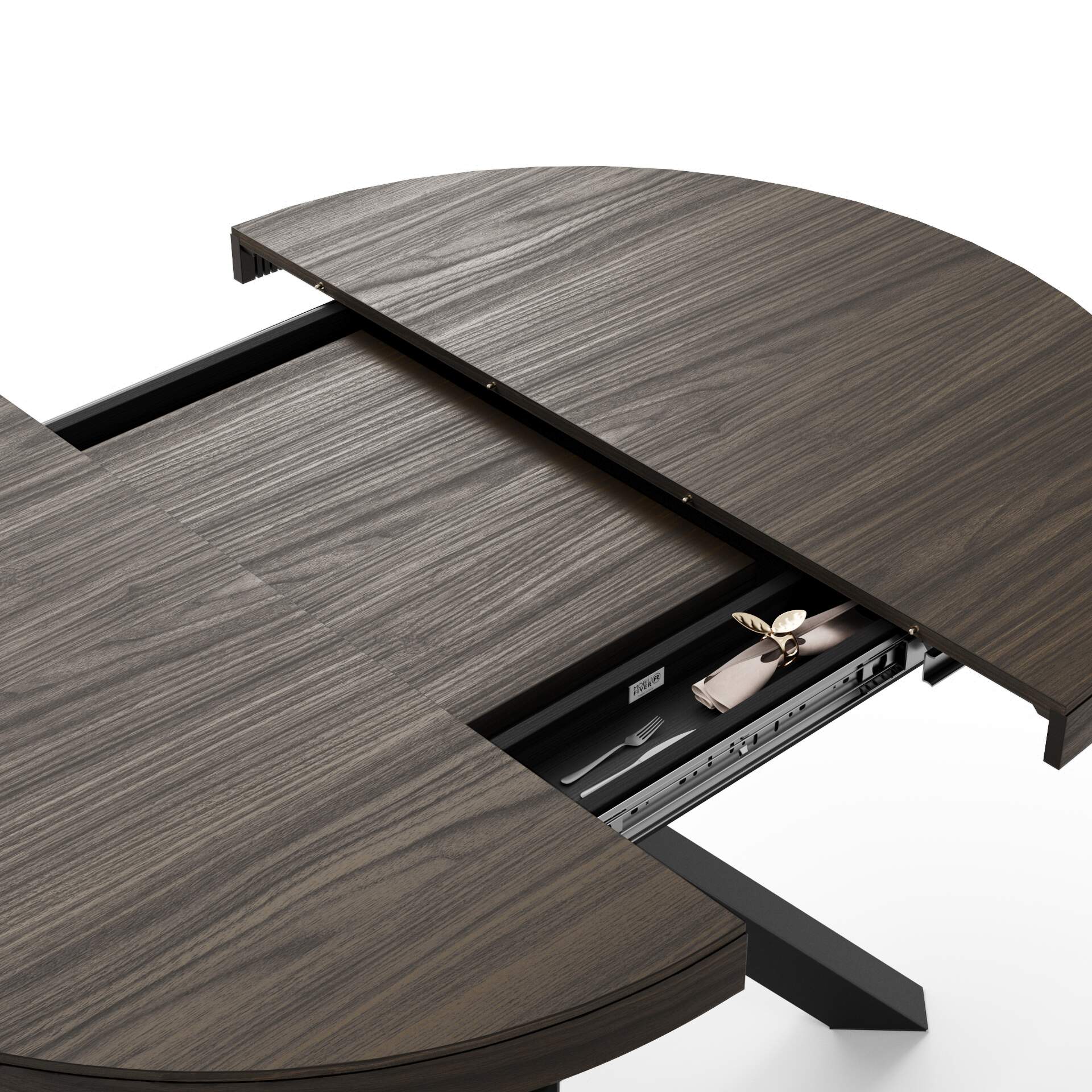 Emma Round Extendable Table, 120-160 cm, Dark Walnut with Black crossed ...