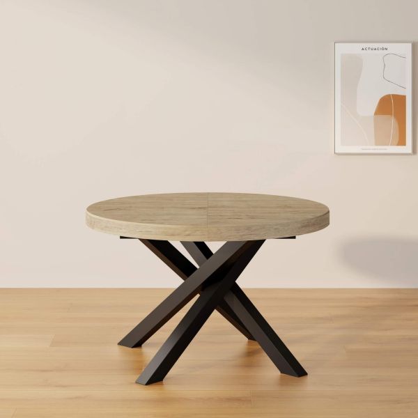 Emma Round Extendable Table, 120-160 cm, Oak with Black crossed legs