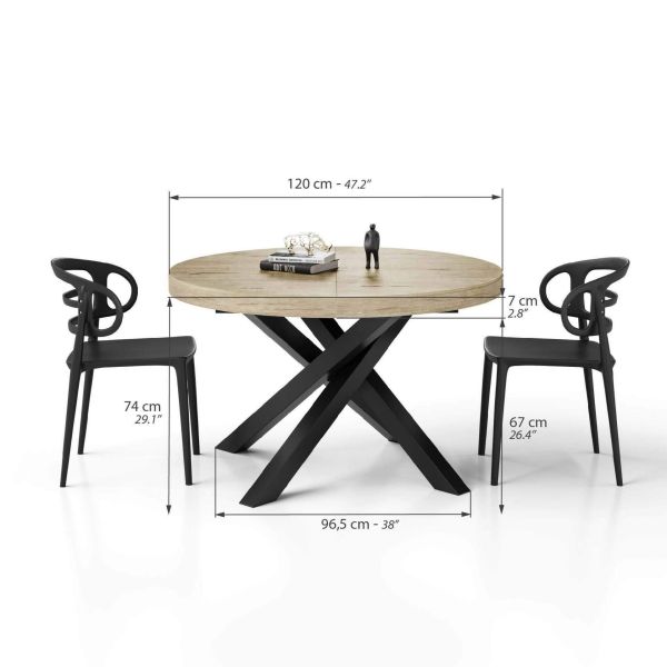 Emma Round Extendable Table, 120-160 cm, Oak with Black crossed legs
