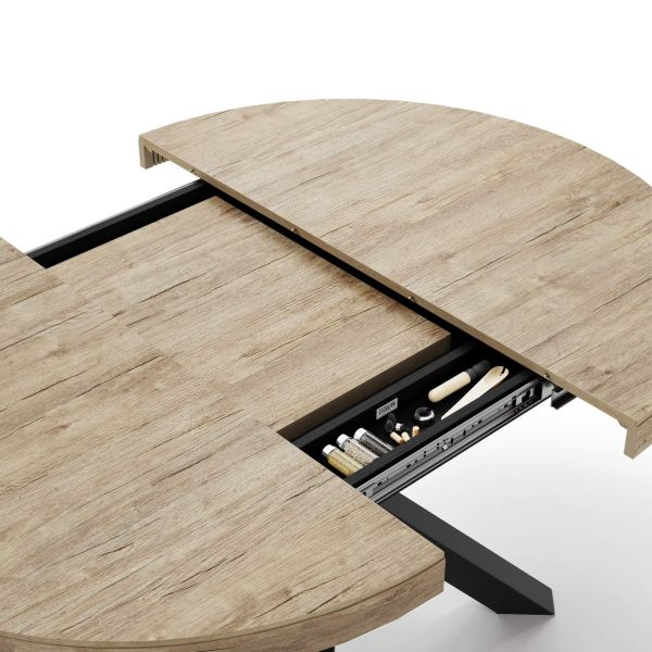 Emma Round Extendable Table, 120-160 cm, Oak with Black crossed legs