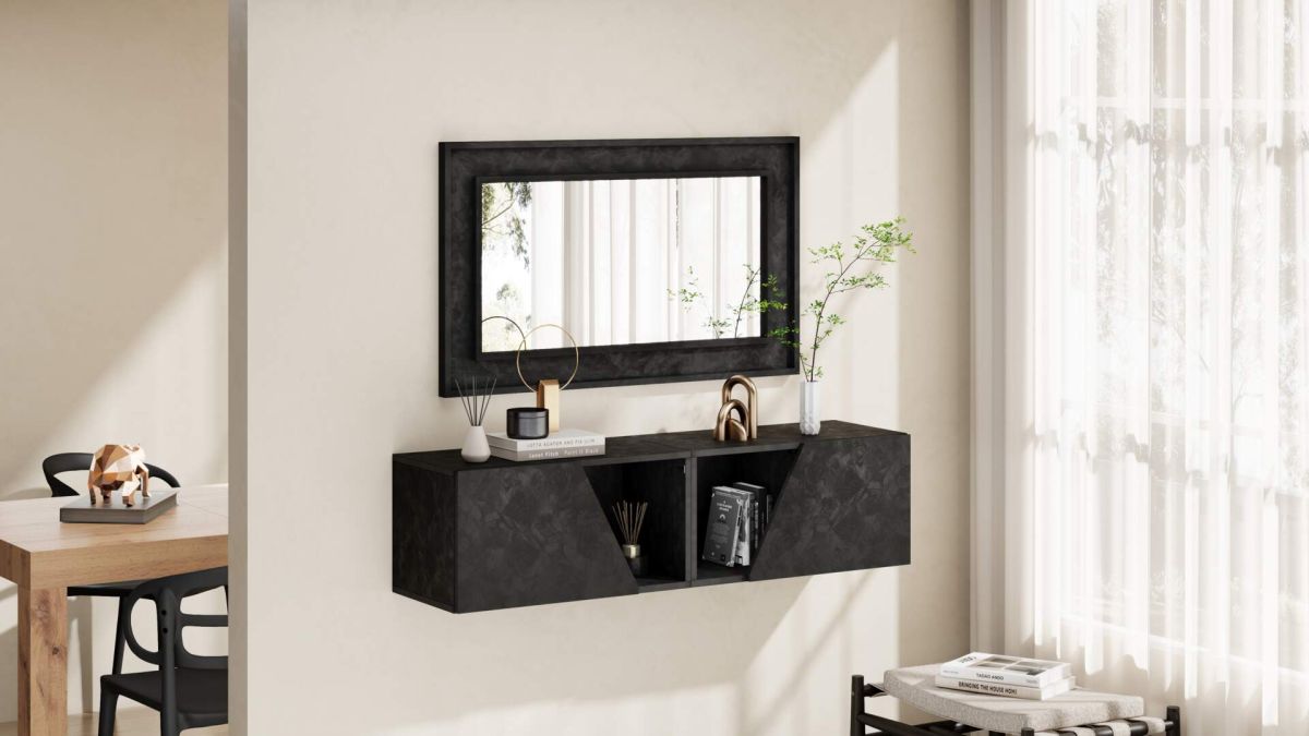 Angelica Wall Mirror, 112x67 cm, Concrete Effect, Black