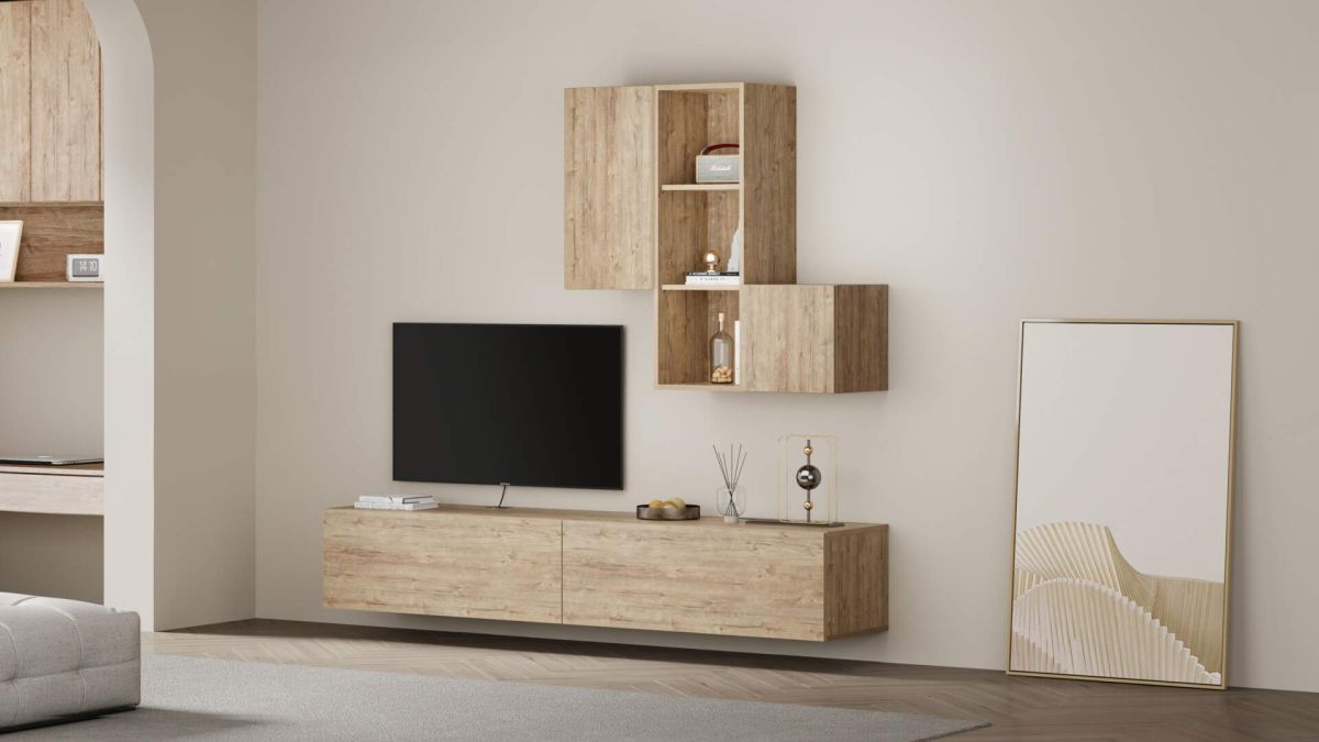 Composición de pared Easy para salón 5, color encina, 208x44x185 cm