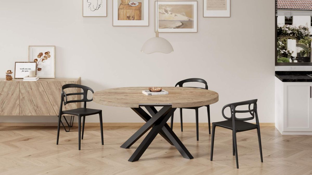 Emma Round Extendable Table, 120-160 cm, Oak with Black crossed legs