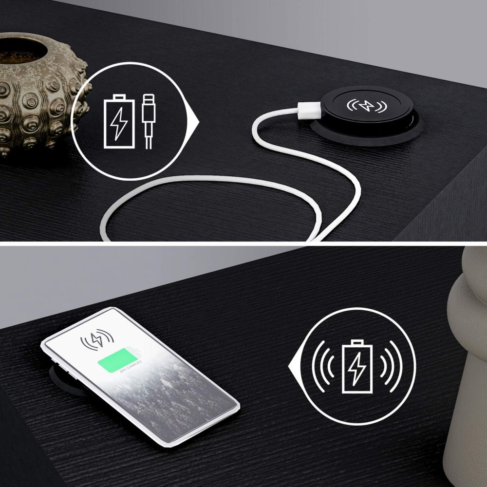 Escritorio Evolution 180x40, Madera Negra con una pata y cargador inalámbrico