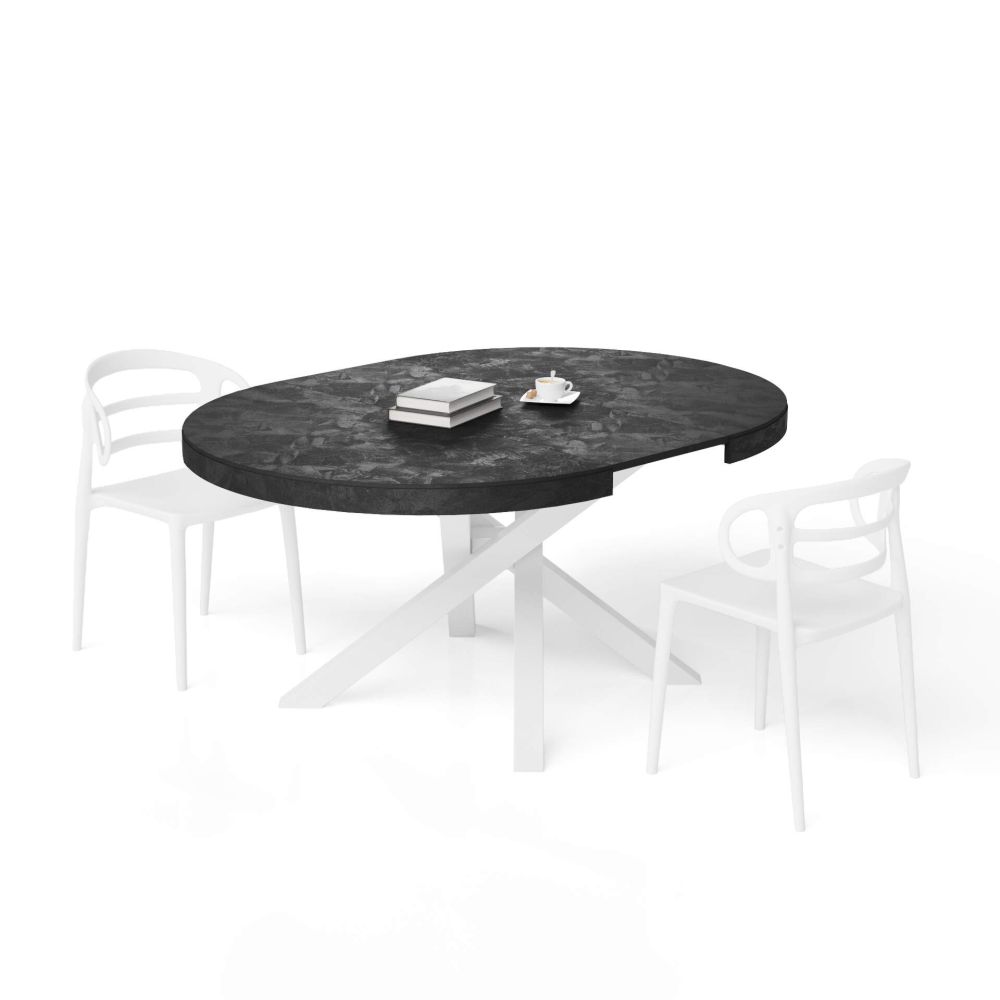 Emma Round Extendable Table, Concrete Effect, Black with White crossed legs