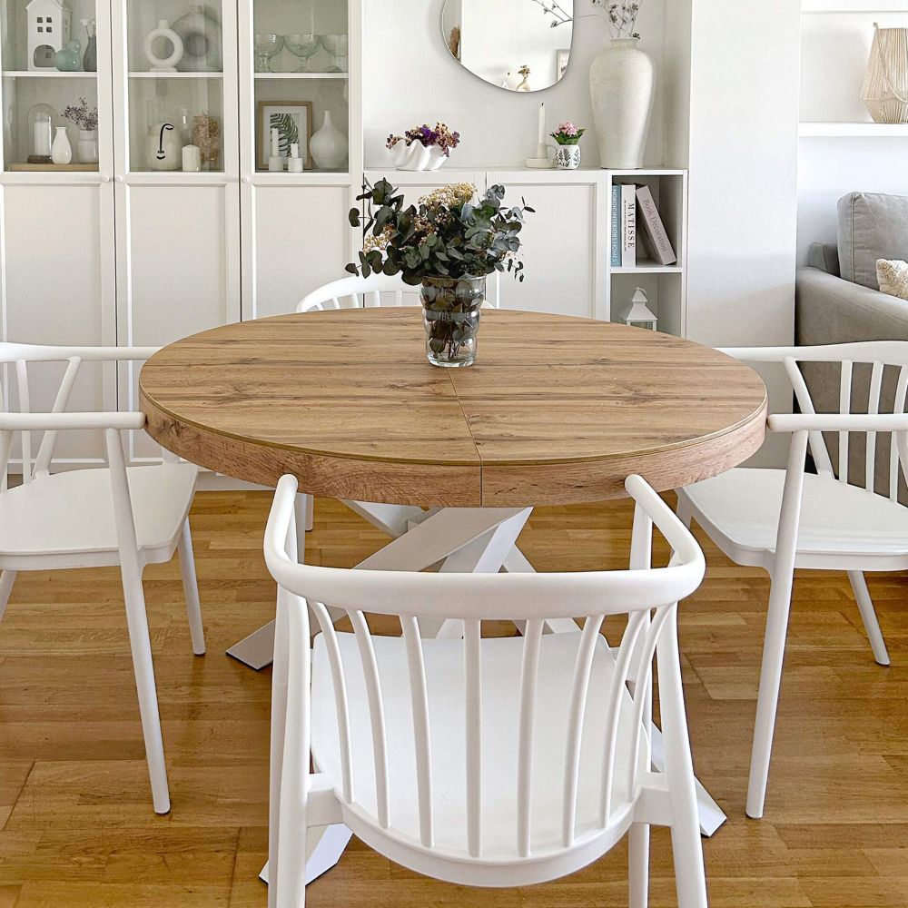 Emma Round Extendable Table, 120-160 cm, Rustic Oak with White crossed legs