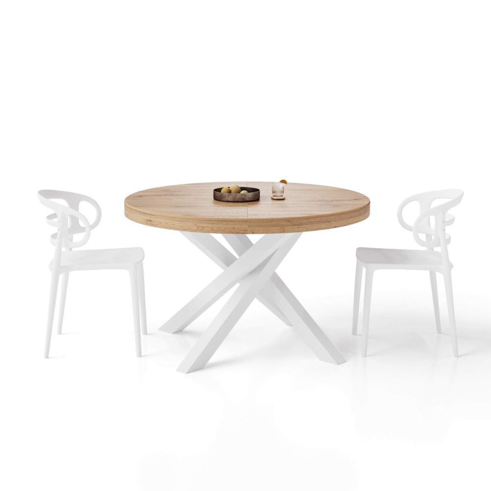 Emma Round Extendable Table, 120-160 cm, Rustic Oak with White crossed legs