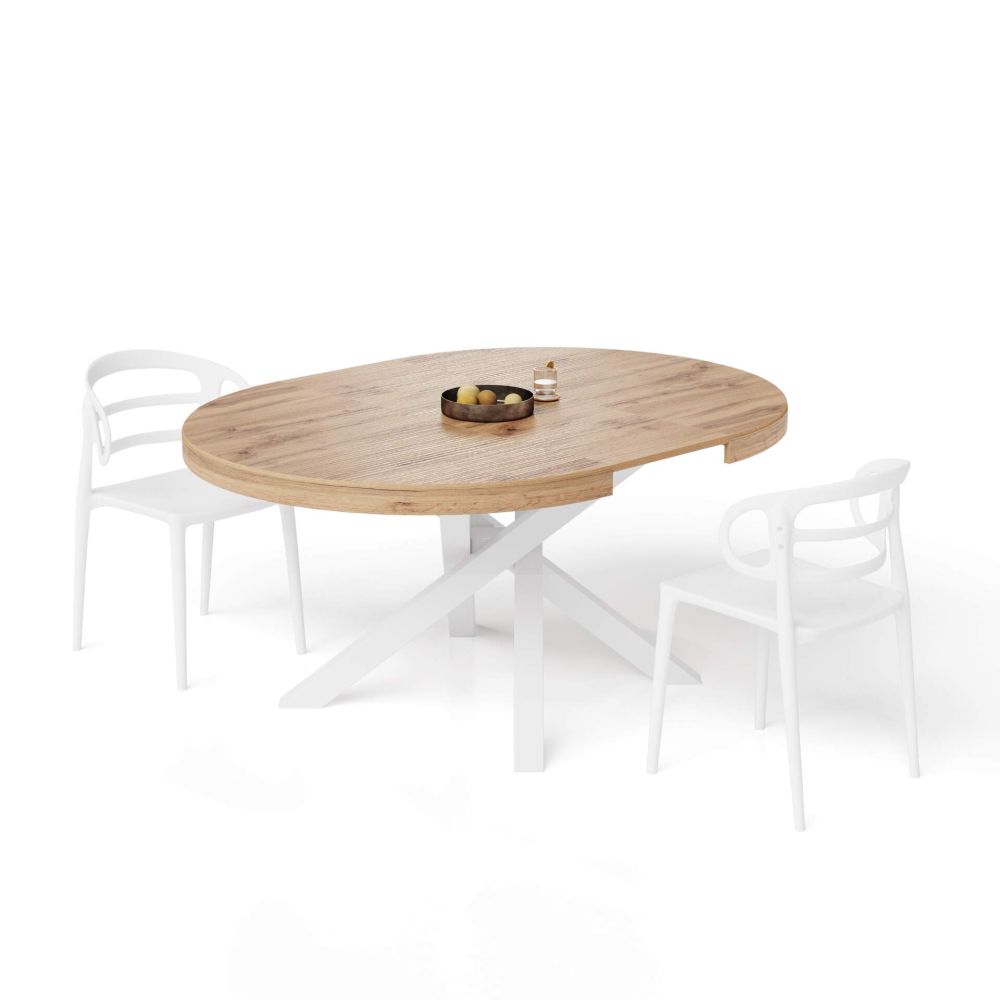 Emma Round Extendable Table, 120-160 cm, Rustic Oak with White crossed legs