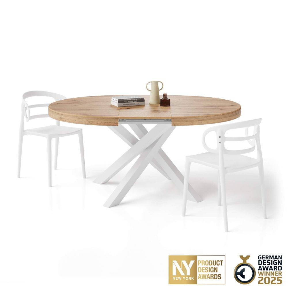 Emma Round Extendable Table, 120-160 cm, Rustic Oak with White crossed legs