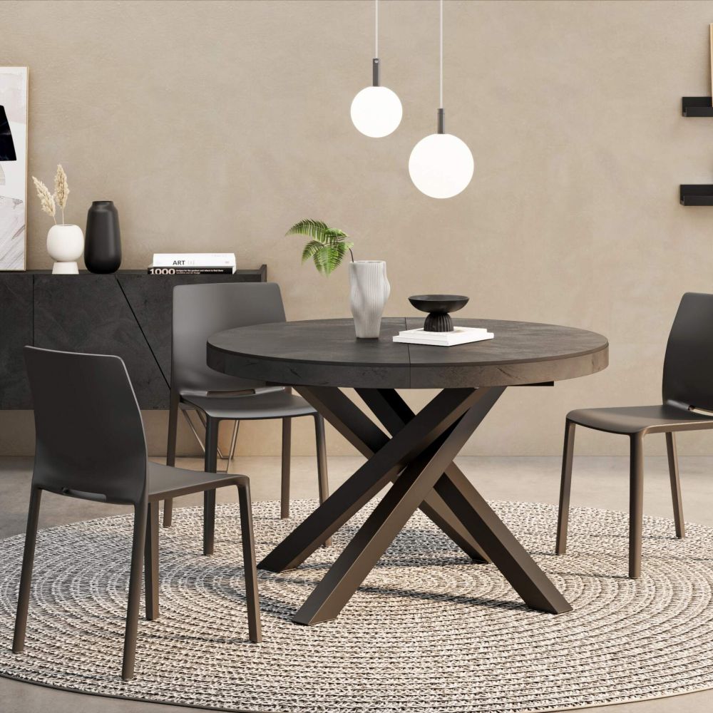 Emma Round Extendable Table, Concrete Effect, Black with Black crossed legs