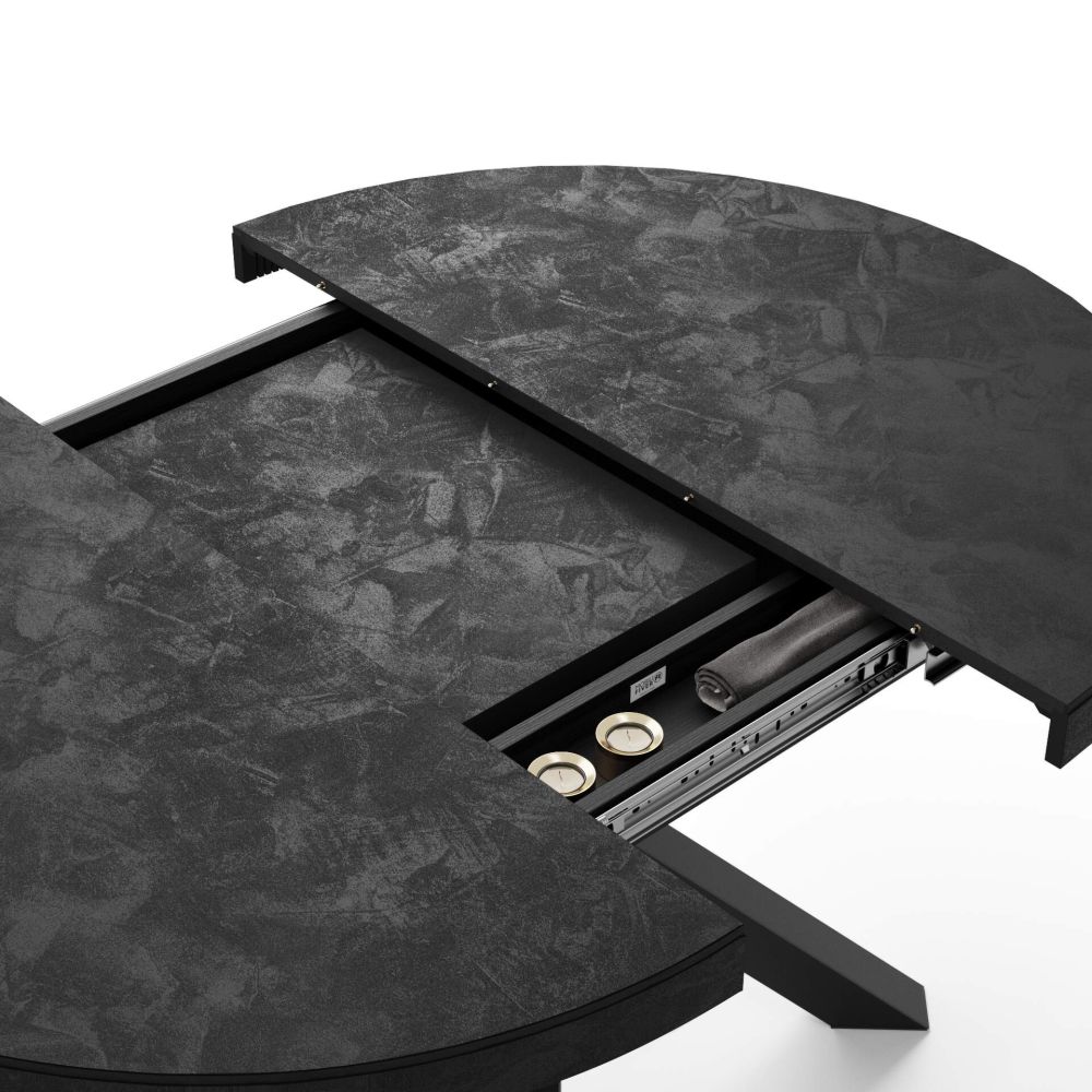 Emma Round Extendable Table, Concrete Effect, Black with Black crossed legs