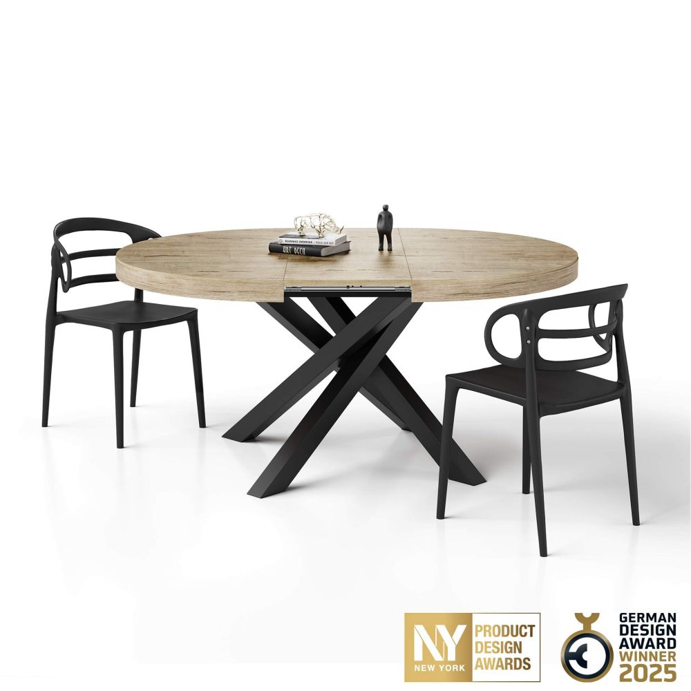 Emma Round Extendable Table, 120-160 cm, Oak with Black crossed legs