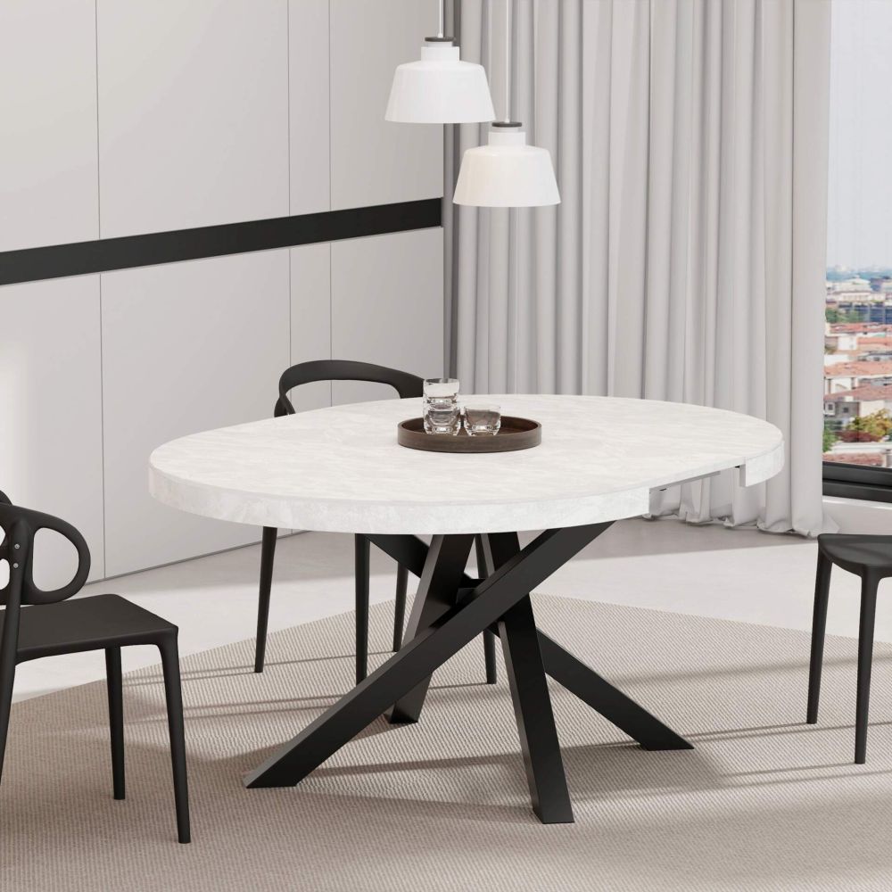 Emma Round Extendable Table, 120-160 cm, Concrete Effect, White with ...