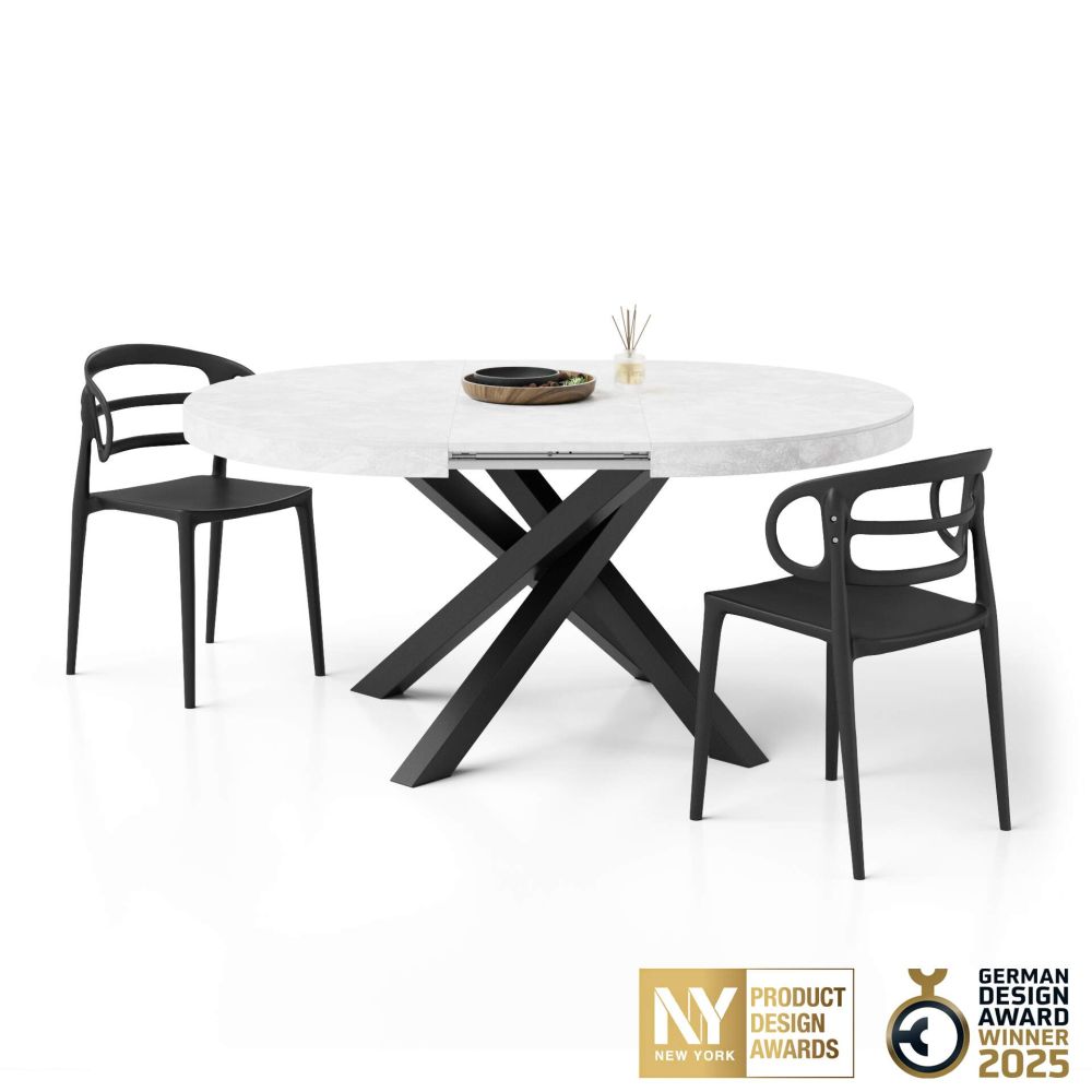 Emma Round Extendable Table, 120-160 cm, Concrete Effect, White with ...