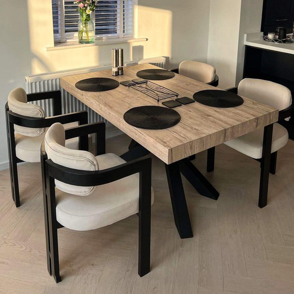 Emma 160(240)x90 cm Extendable Table, Oak with Black Crossed Legs