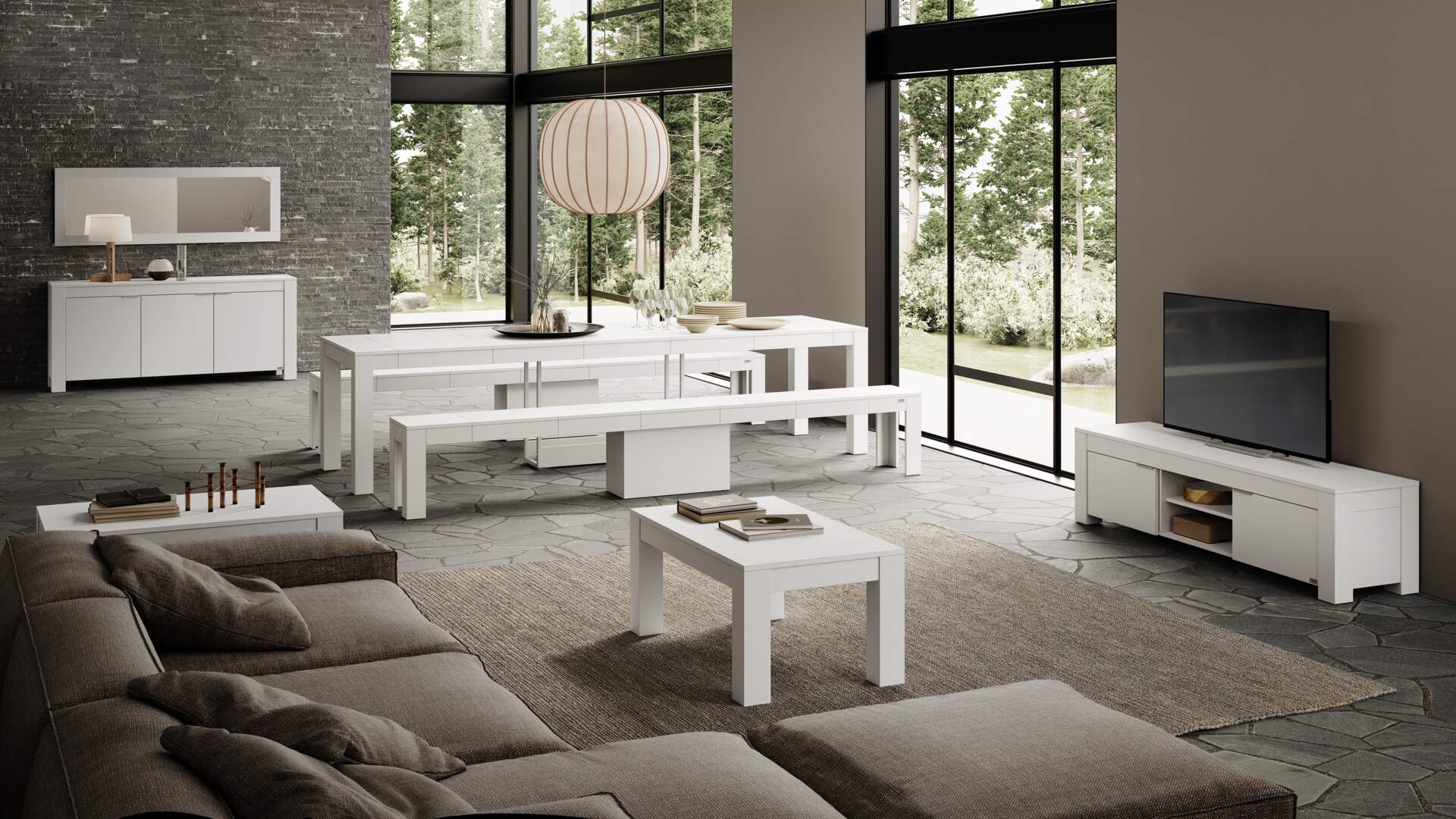 Rachele Extendable Console Table 18(120)x35 in, 2 Extendable Benches 27 ...